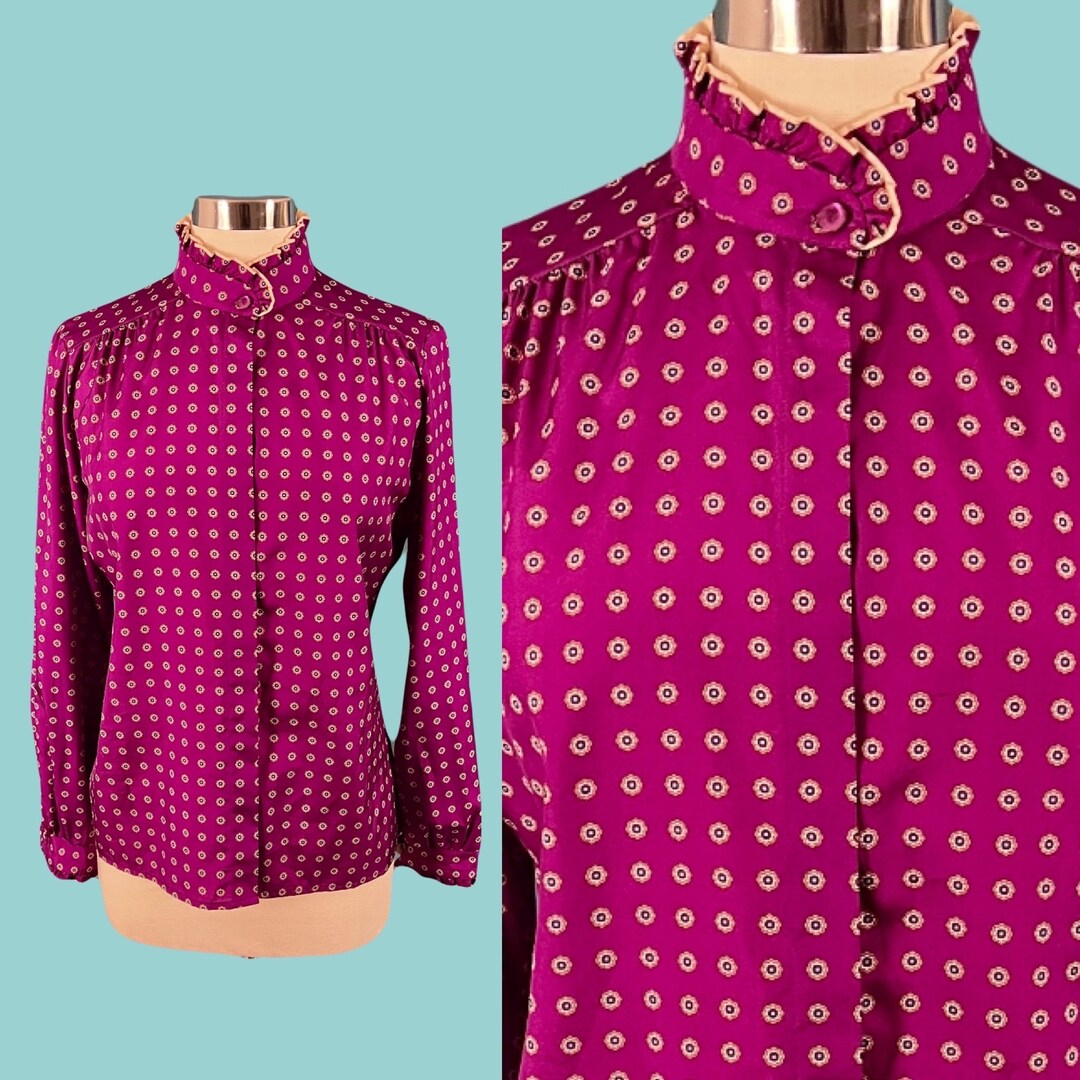 Vintage 80's Button Down High Collar Ruffle Blouse - Etsy