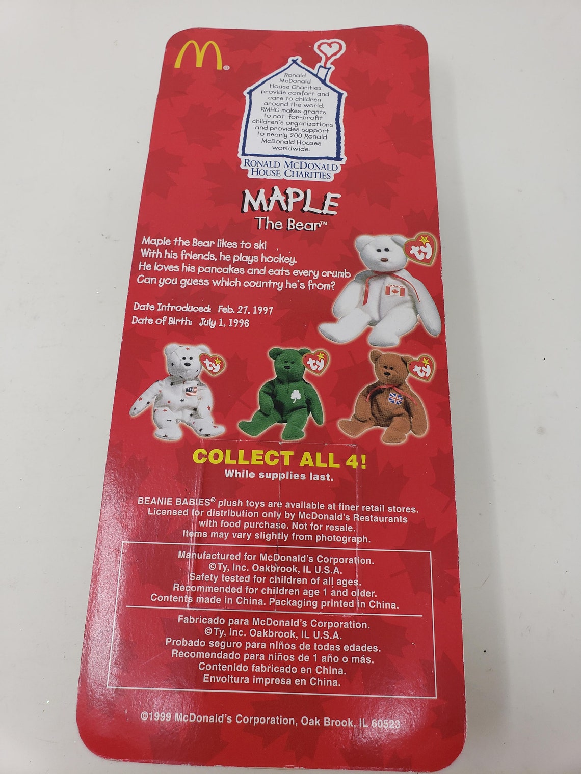 TY Teenie Beanie Babies Maple the Bear 1996 White Bear Canada Mcdonalds ...