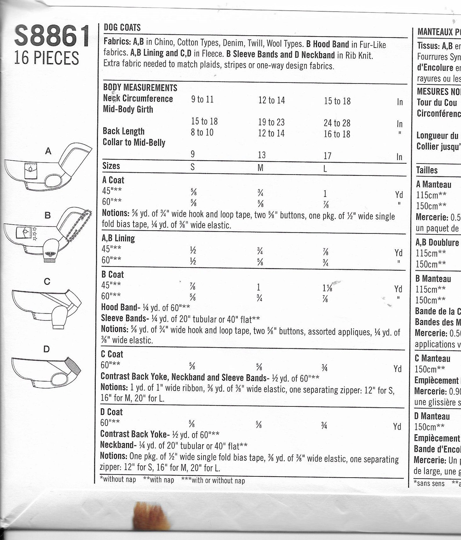 8861 Dog Coats, 4 Styles, Sizes S-L, New Uncut Simplicity Pattern ...
