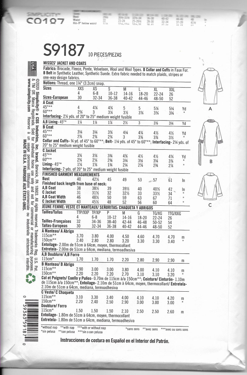 9187 Misses Jacket and Coats, Sizes XXS Thru XXL, New Uncut Simplicity ...