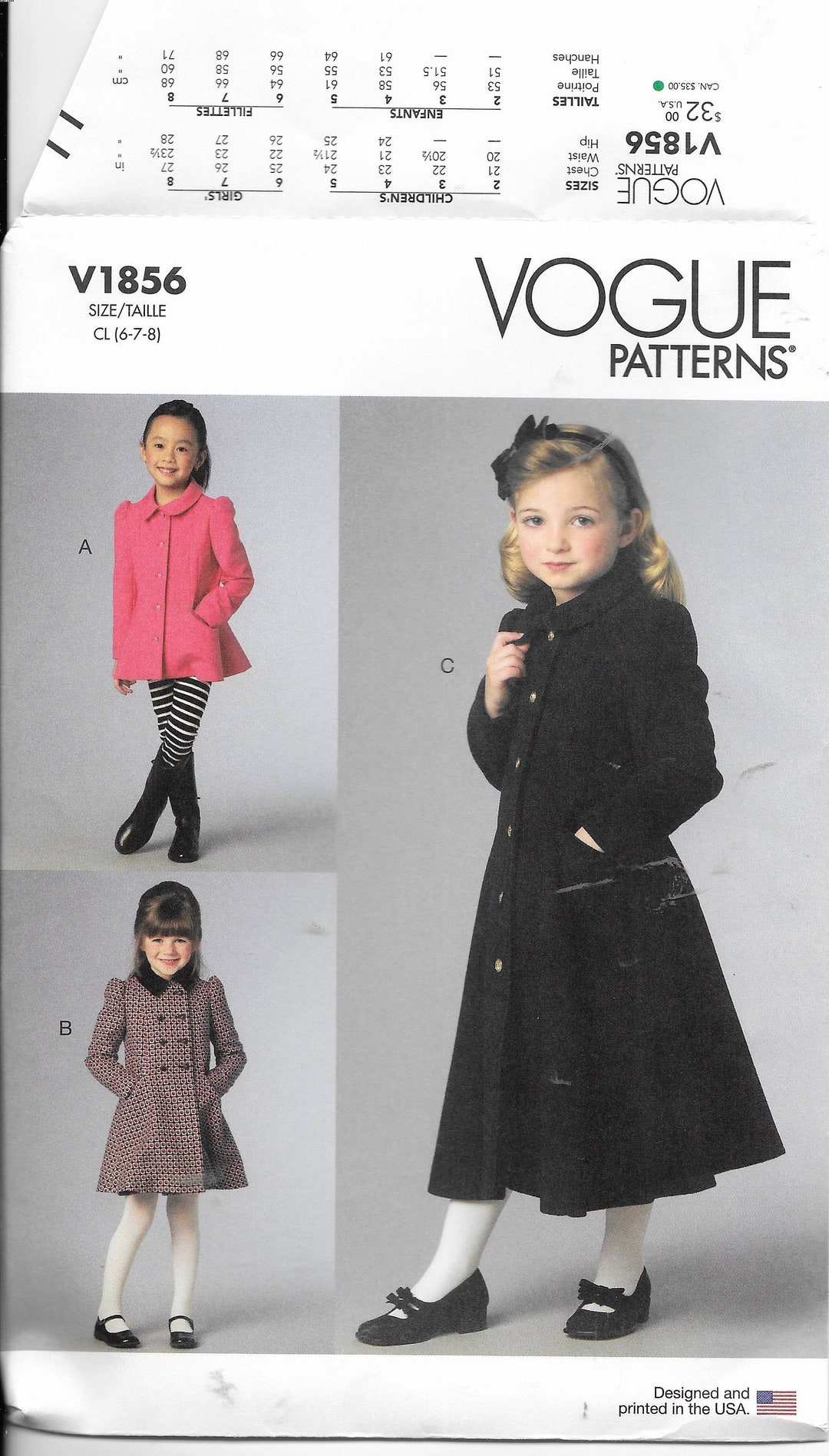 V18562 Children's/ Girls' Jacket / Coat Sizes 2-5 New Uncut Vogue ...