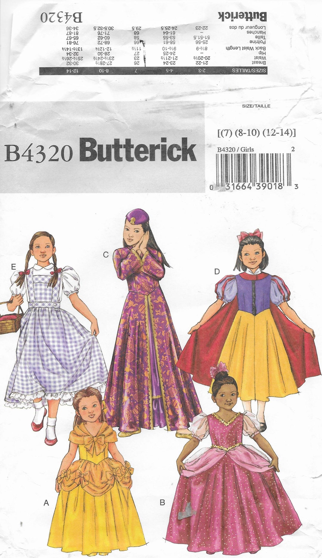 B4320 Girls Disney Dress Costumes Sizes 7-14 Partial Cut Butterick ...
