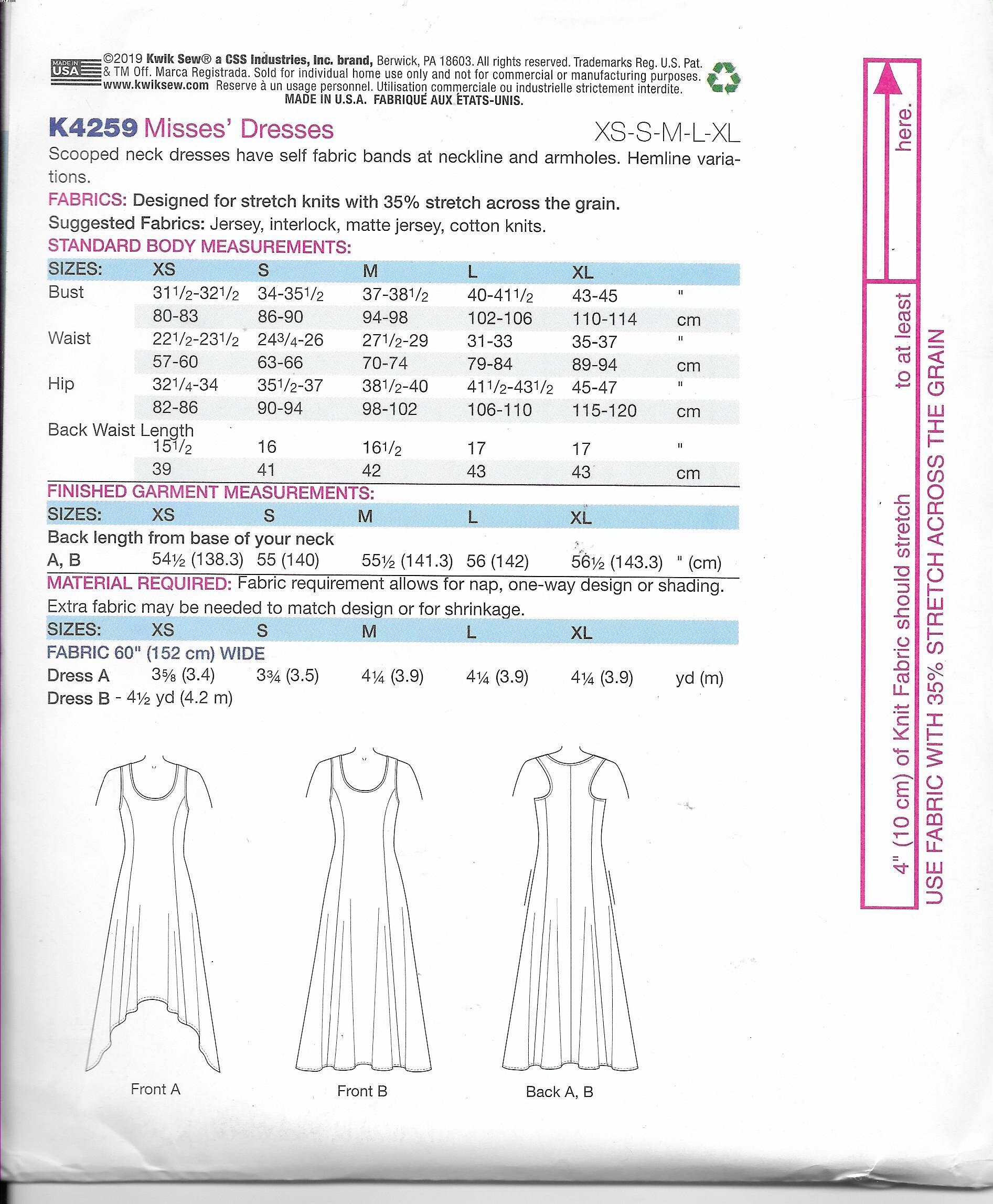 K4259 Misses Dresses Hem Variations Sizes XS-XL New Uncut Kwik Sew ...