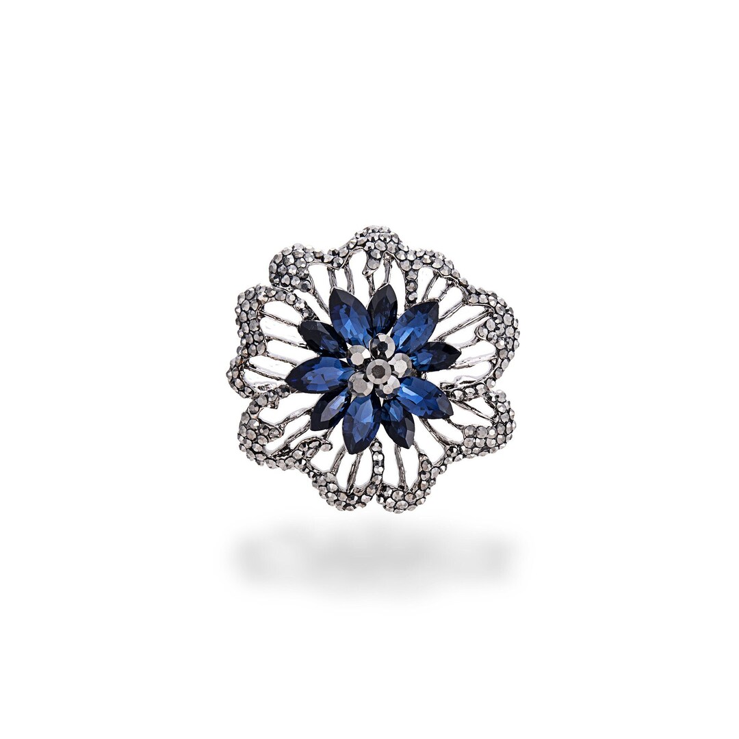 Navy Blue Crystal Flower Brooch: Vintage Inspired Rhinestone Floral Pin ...