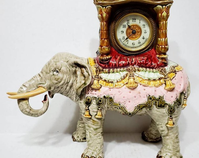 Ansonia Mantle Clock - Antique Julius Dressler Majolica Elephant Statue ...