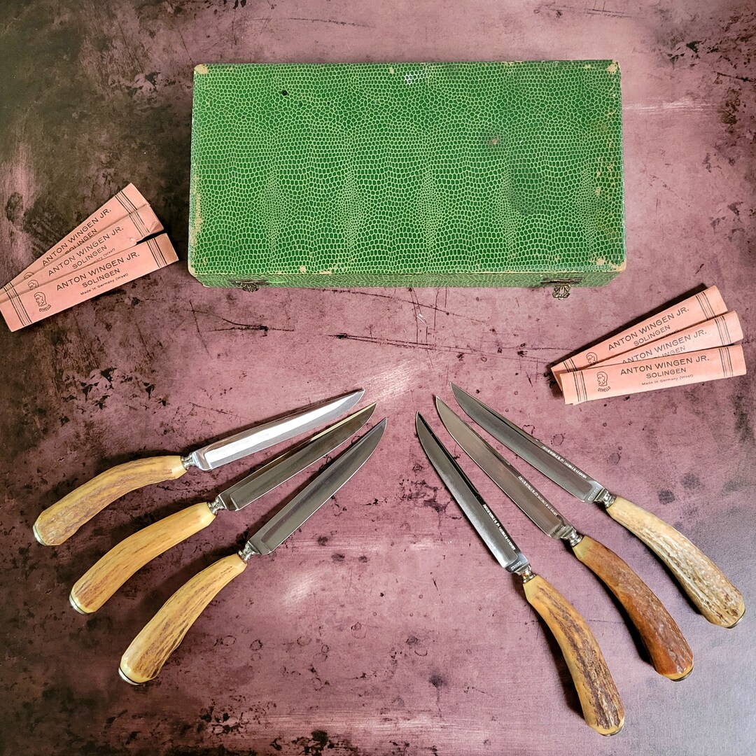 German Stag Handle Steak Knives, Anton Wingen Jr, Solingen Germany 6pc ...