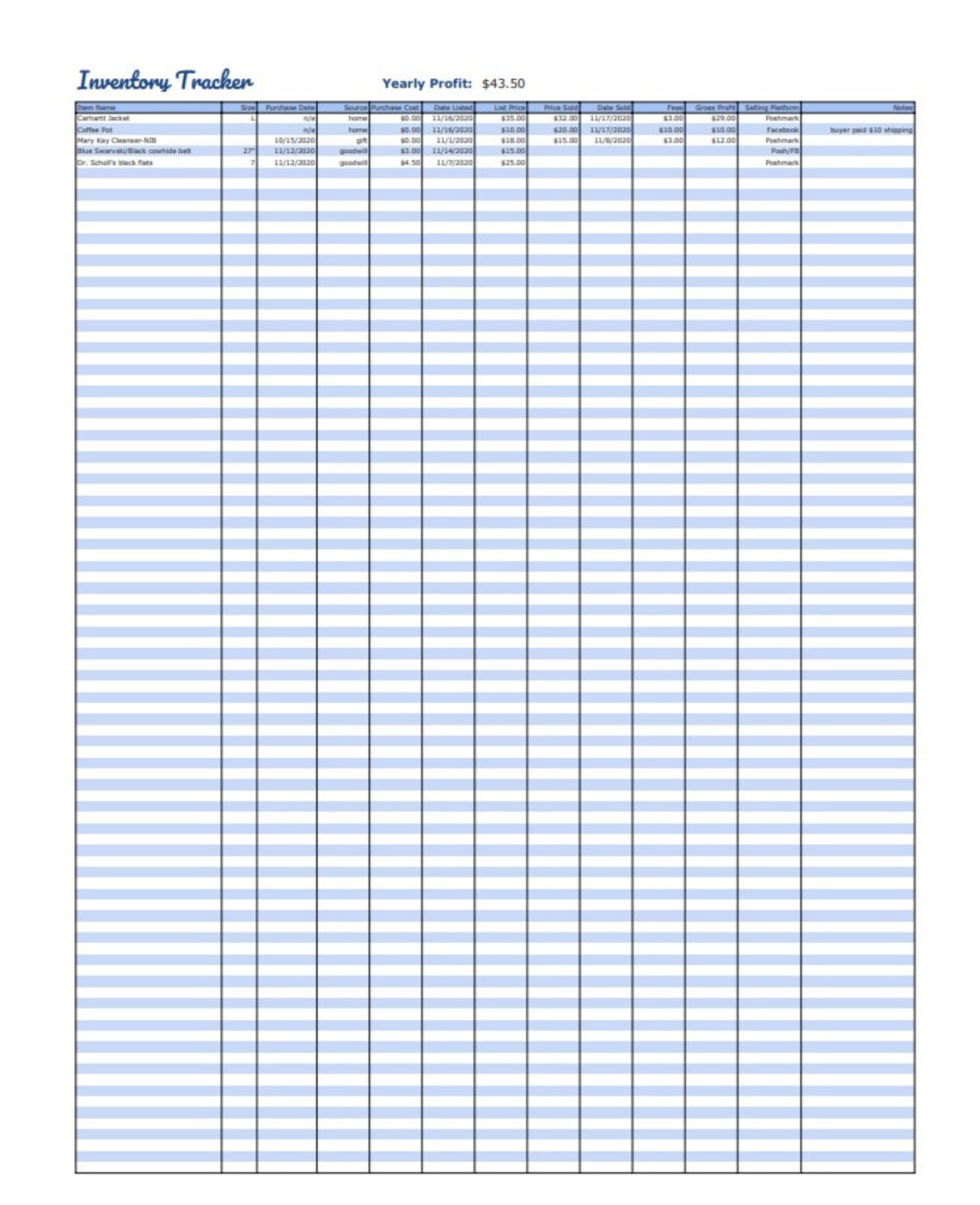 Personal Reselling Inventory Tracker Template, Editable Online Template ...