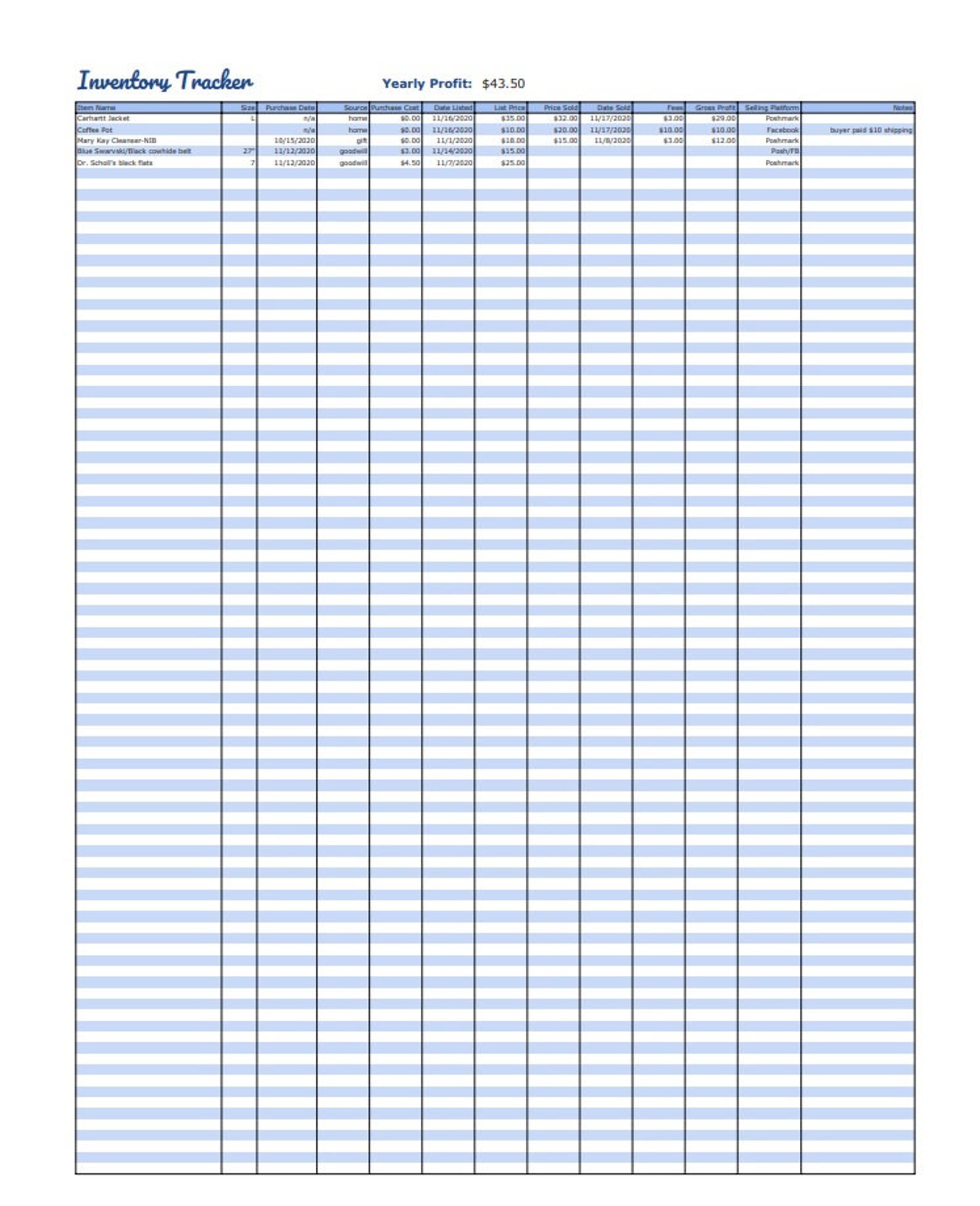 Personal Reselling Inventory Tracker Template, Editable Online Template ...