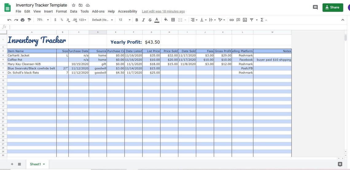 Personal Reselling Inventory Tracker Template, Editable Online Template ...