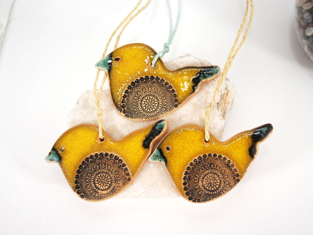 Hand-glazed Yellow Ceramic Bird Decor: Wall Hanging Ornaments, Set of 3 ...