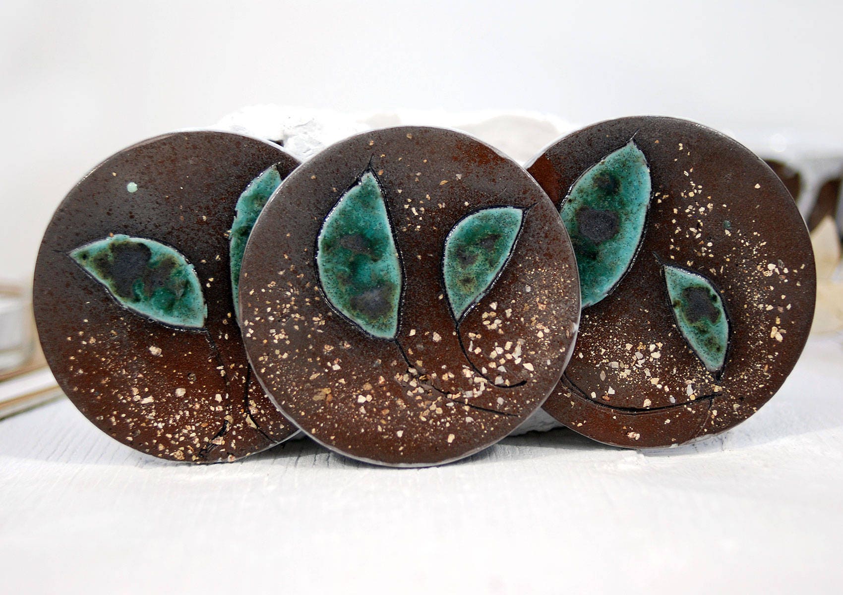 4 Ceramic Coasters Leaf Coasters Round Brown Coasters - Etsy