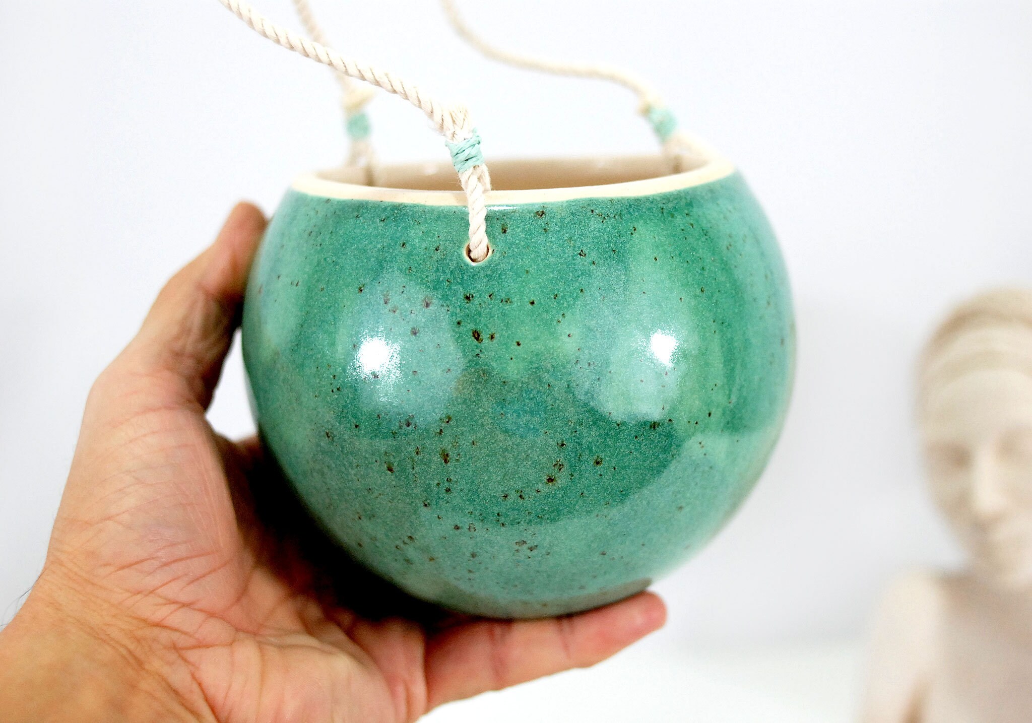 Handmade Ceramic Hanging Planter: Turquoise Speckled Boho Decor - Etsy