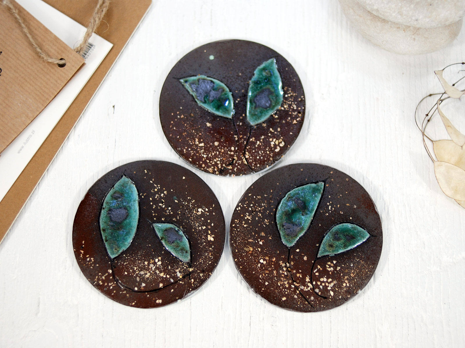 4 Ceramic Coasters Leaf Coasters Round Brown Coasters - Etsy