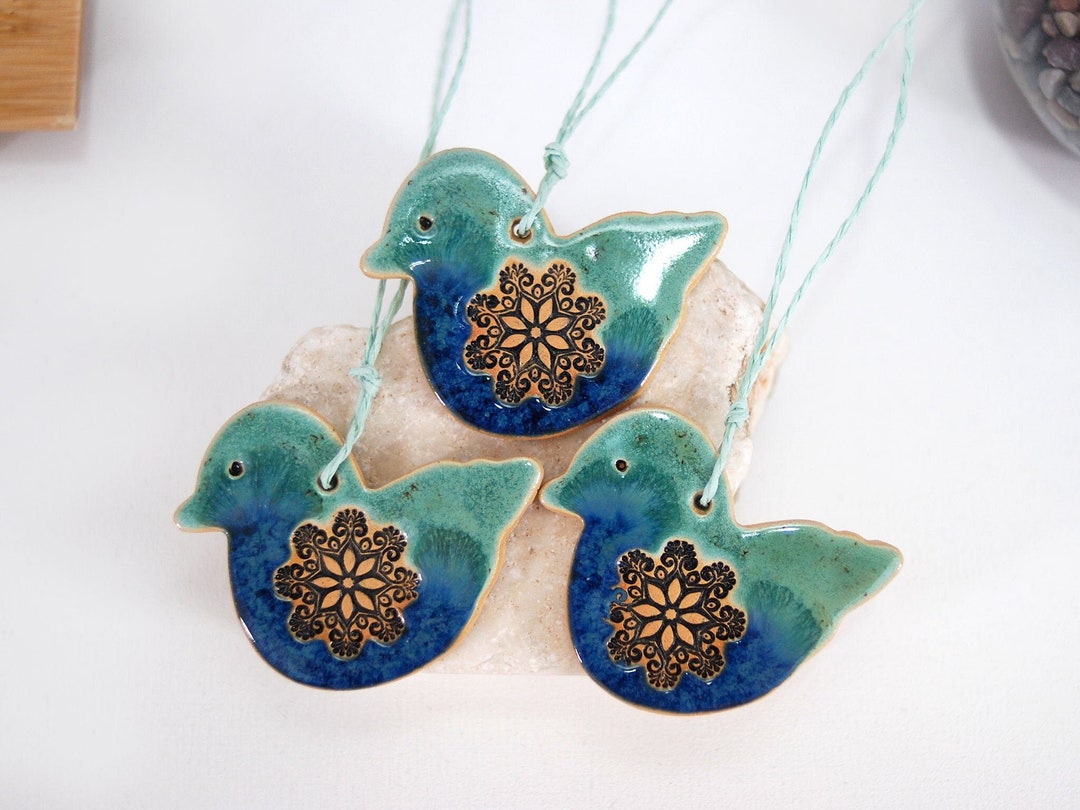 Handmade Turquoise Ceramic Bird Ornament Set: Spring Decor - Etsy