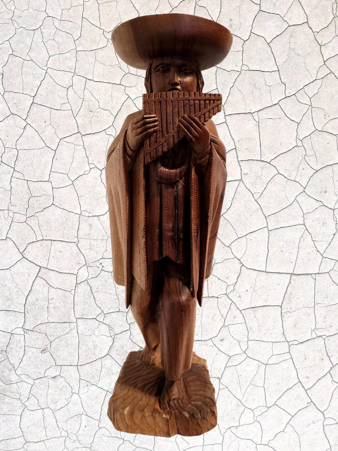 13 Inch Artisan Hand Carved Wooden Musician Man Hat Pan Pipes Statue ...