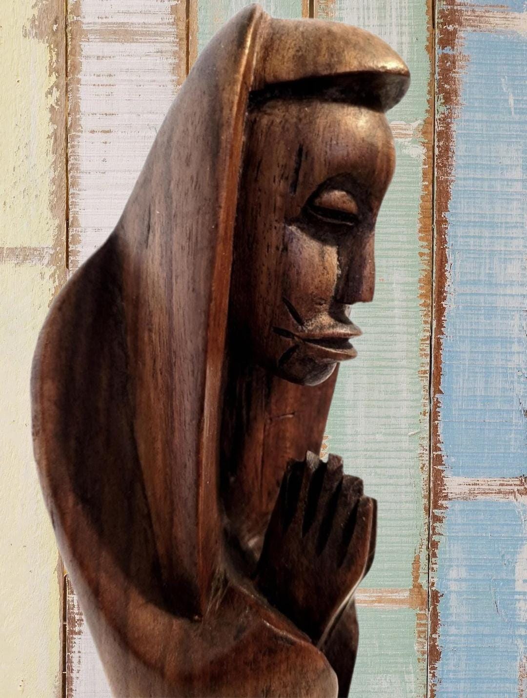 12" Hand Carved Wood Praying Figure: Mid-century Modern Altar Statue - Etsy