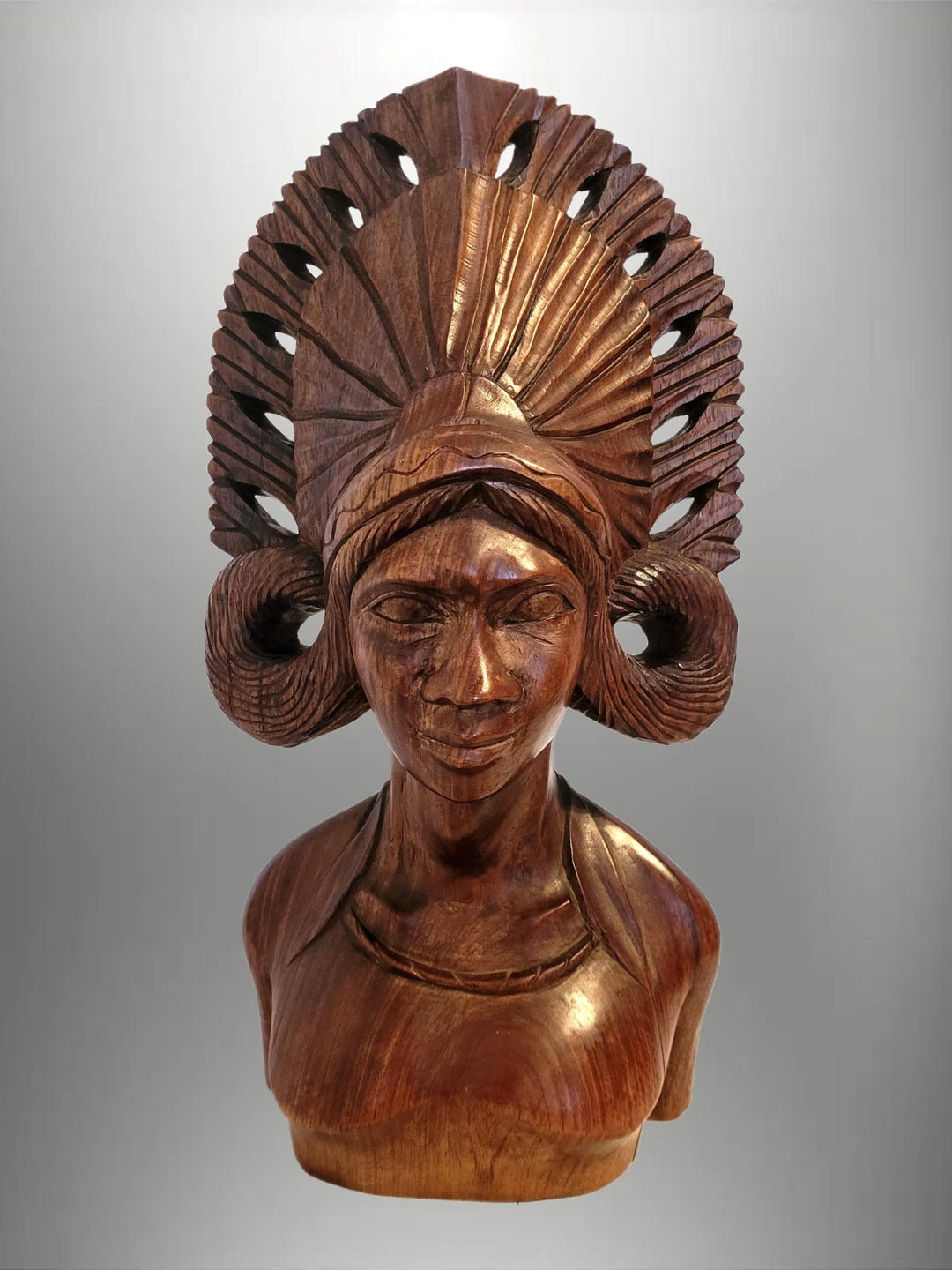 17" Hand Carved Wooden Bust Sculpture: MCM Indonesian Polynesian ...