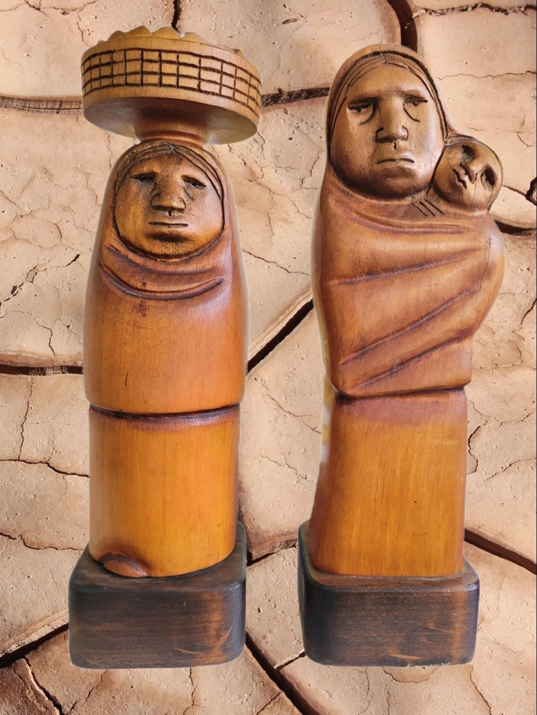 12.5 Inch Hand Carved Wooden Man Woman Child Family Couple / Vintage ...