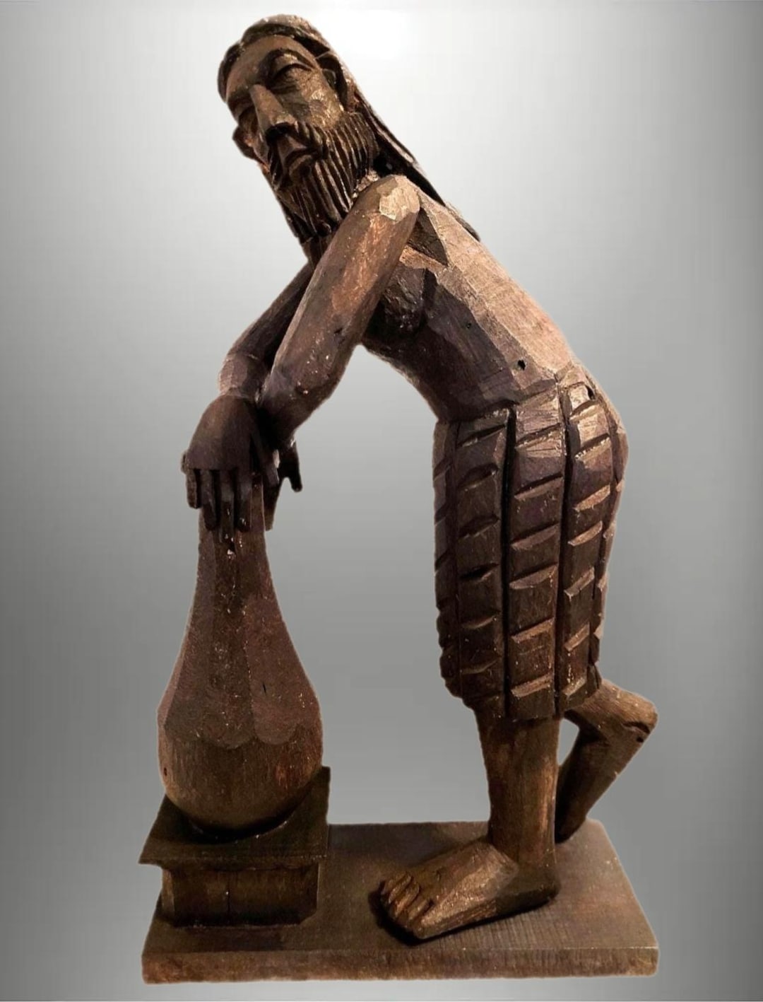 18" Rare Hand Carved Wooden Mesopotamian Man Statue With Urn, Kaunakes ...
