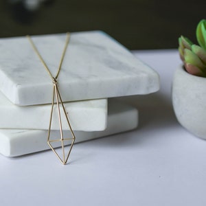 Simple Pyramid Shaped Pendant Long Necklace With Silver or Gold Rhodium ...