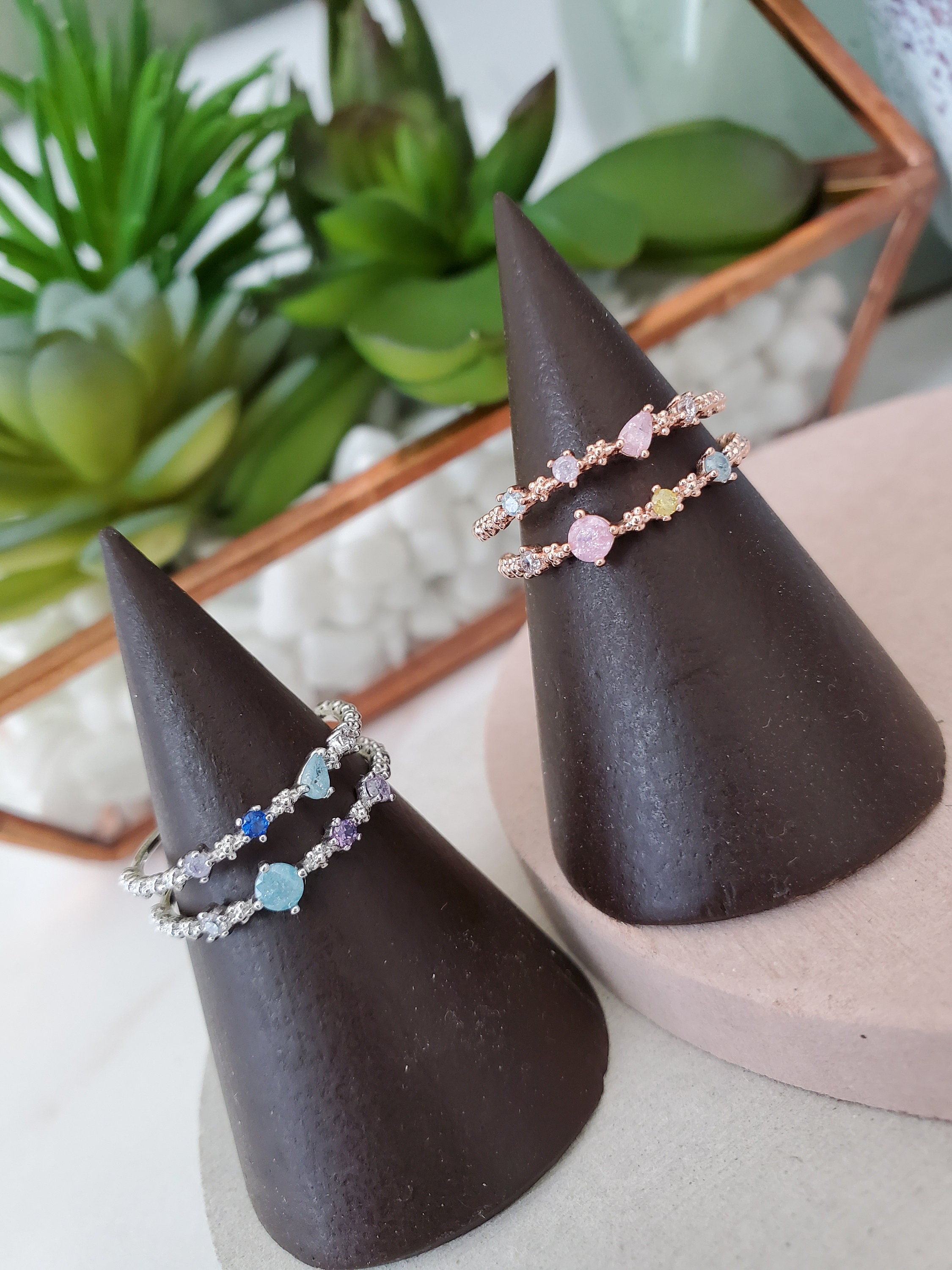 Silver Rose Gold Simple Gem Twin Band Ring Statement | Etsy