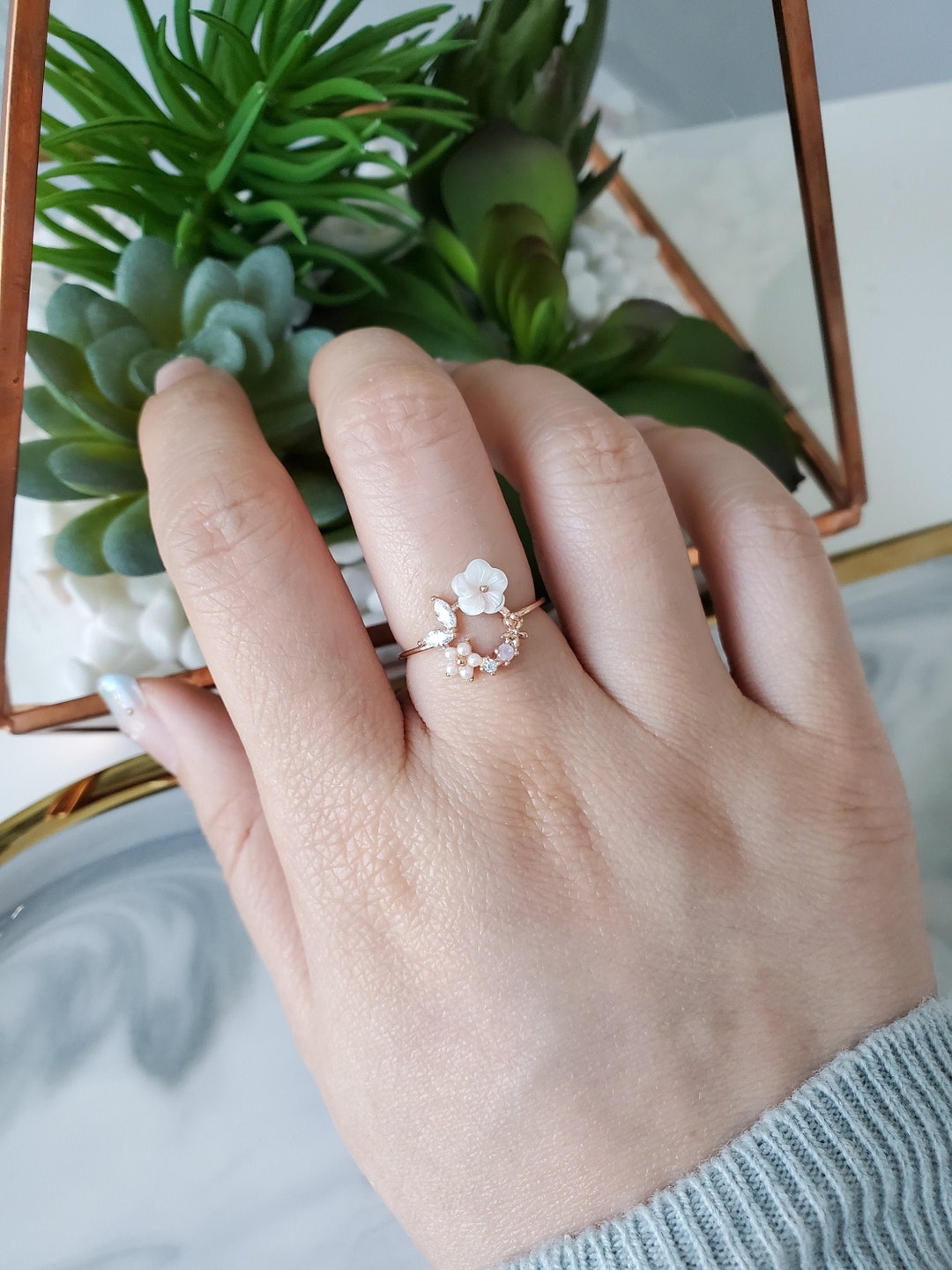 Silver Rose Gold Eternity Floral Circle Ring, Statement Adjustable ...
