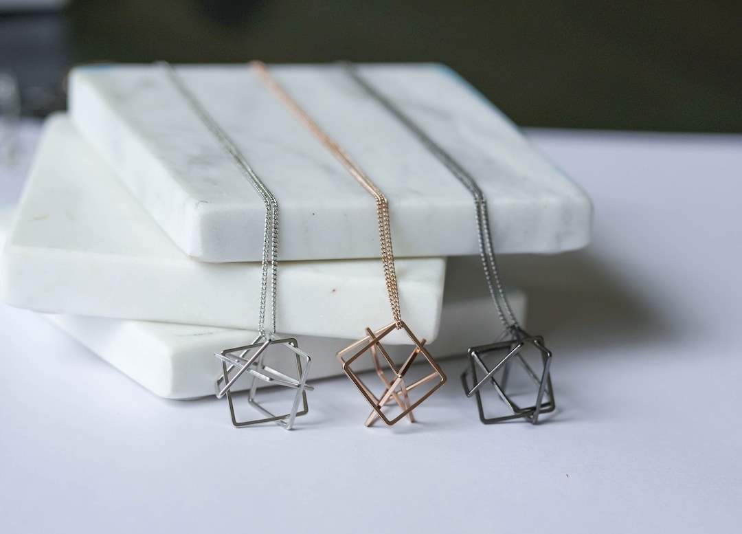Simple 3D Geometric Cube Long Pendant Necklace , Rose Gold, Silver ...