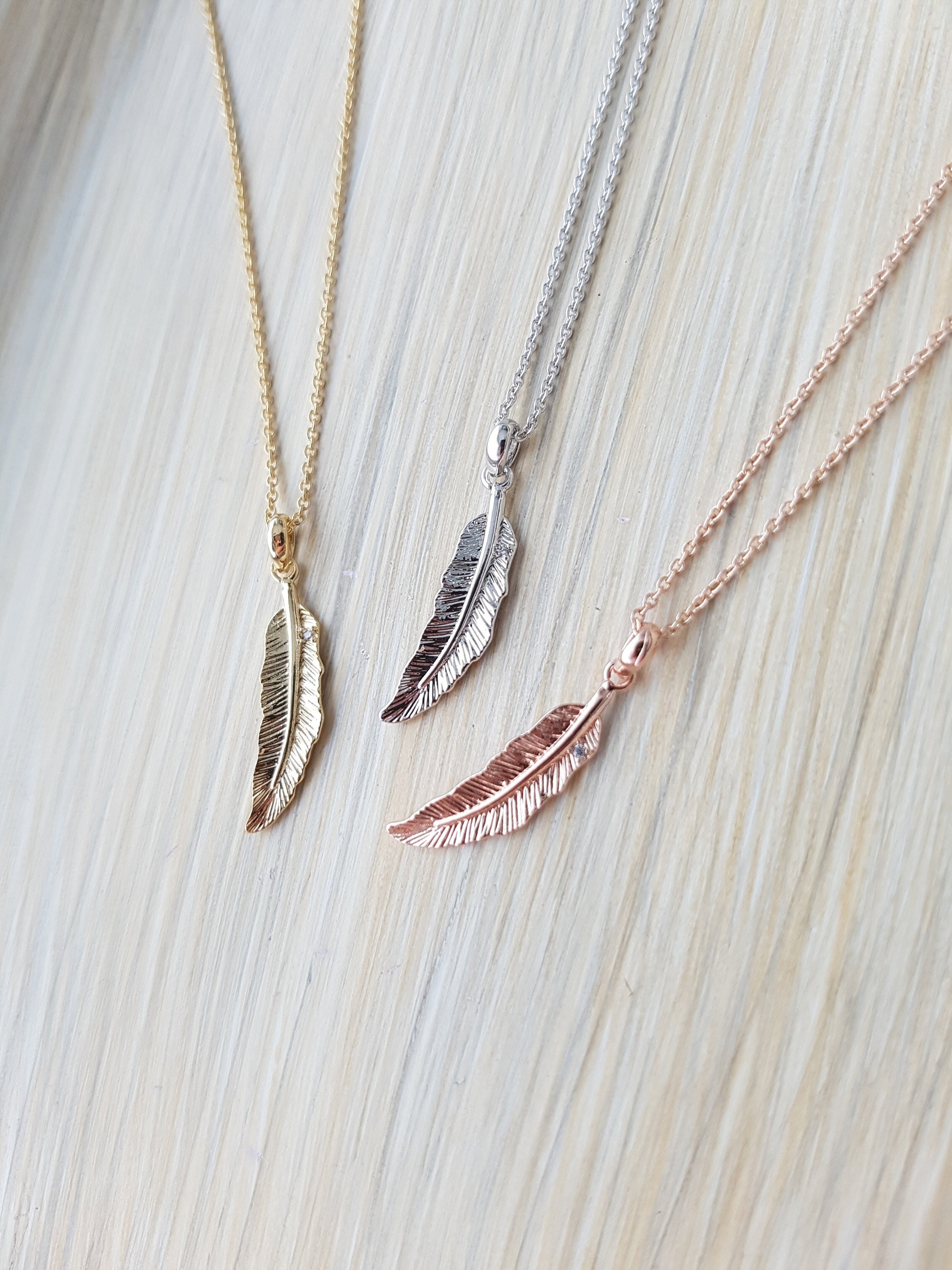 Dainty Feather Necklace Rose Gold Jewelry Rhodium Plated | Etsy