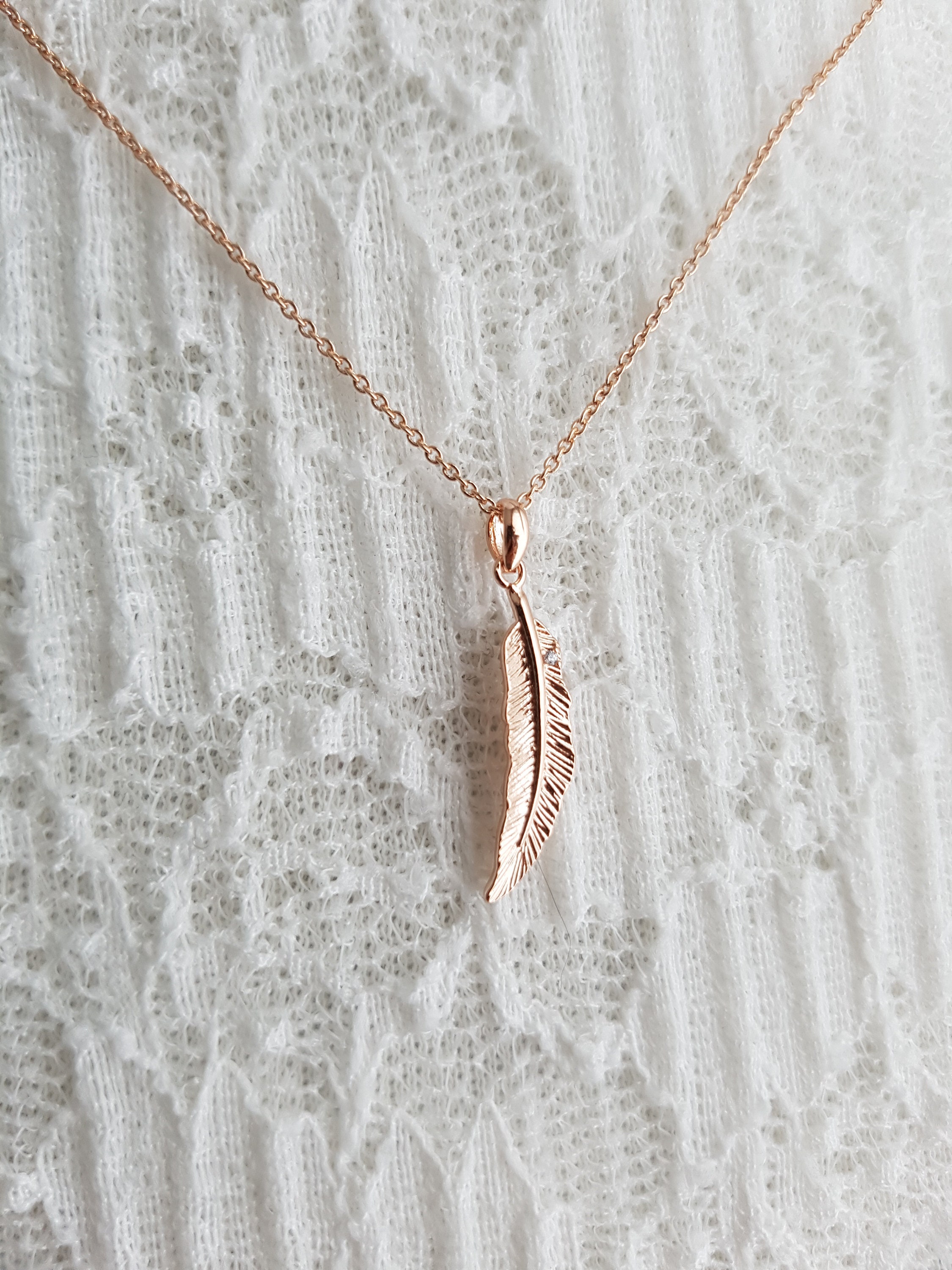 Dainty Feather Necklace, Rose Gold Jewelry, Rhodium Plated Chains ...
