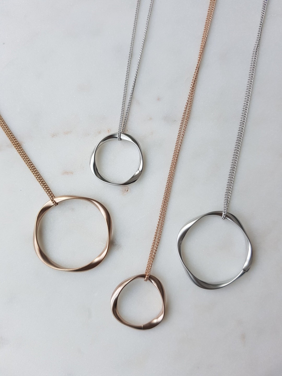 Simple Circle Loop Pendant Long Necklace With Silver or Gold Rhodium ...