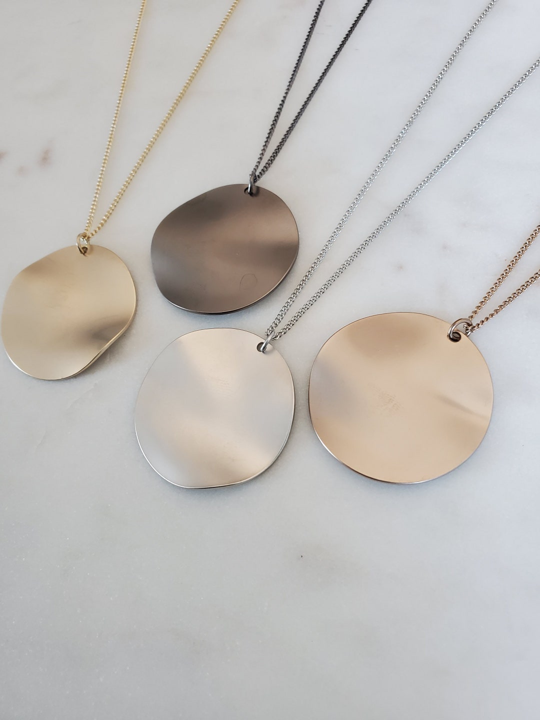 Simple Geometric Wave Circle Plate Pendant Long Necklace With Silver or ...