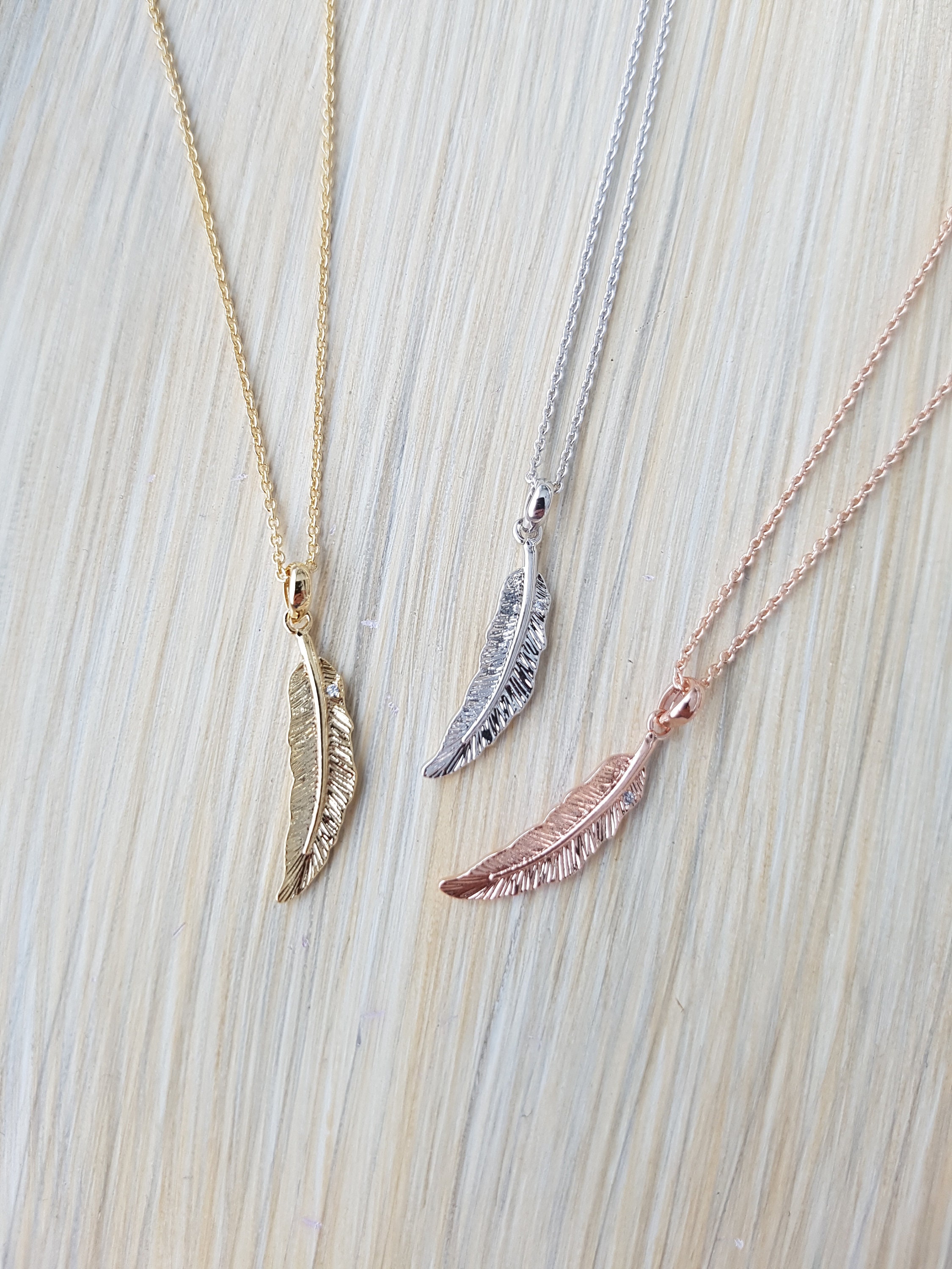 Dainty Feather Necklace Rose Gold Jewelry Rhodium Plated | Etsy