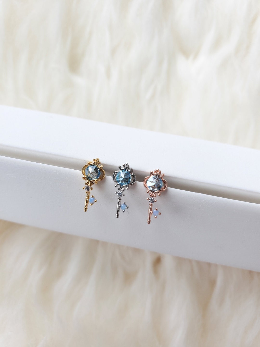 Blue Gem Key Ear Piercing 16G, Screw Back Earring, Helix Stud, Tragus ...