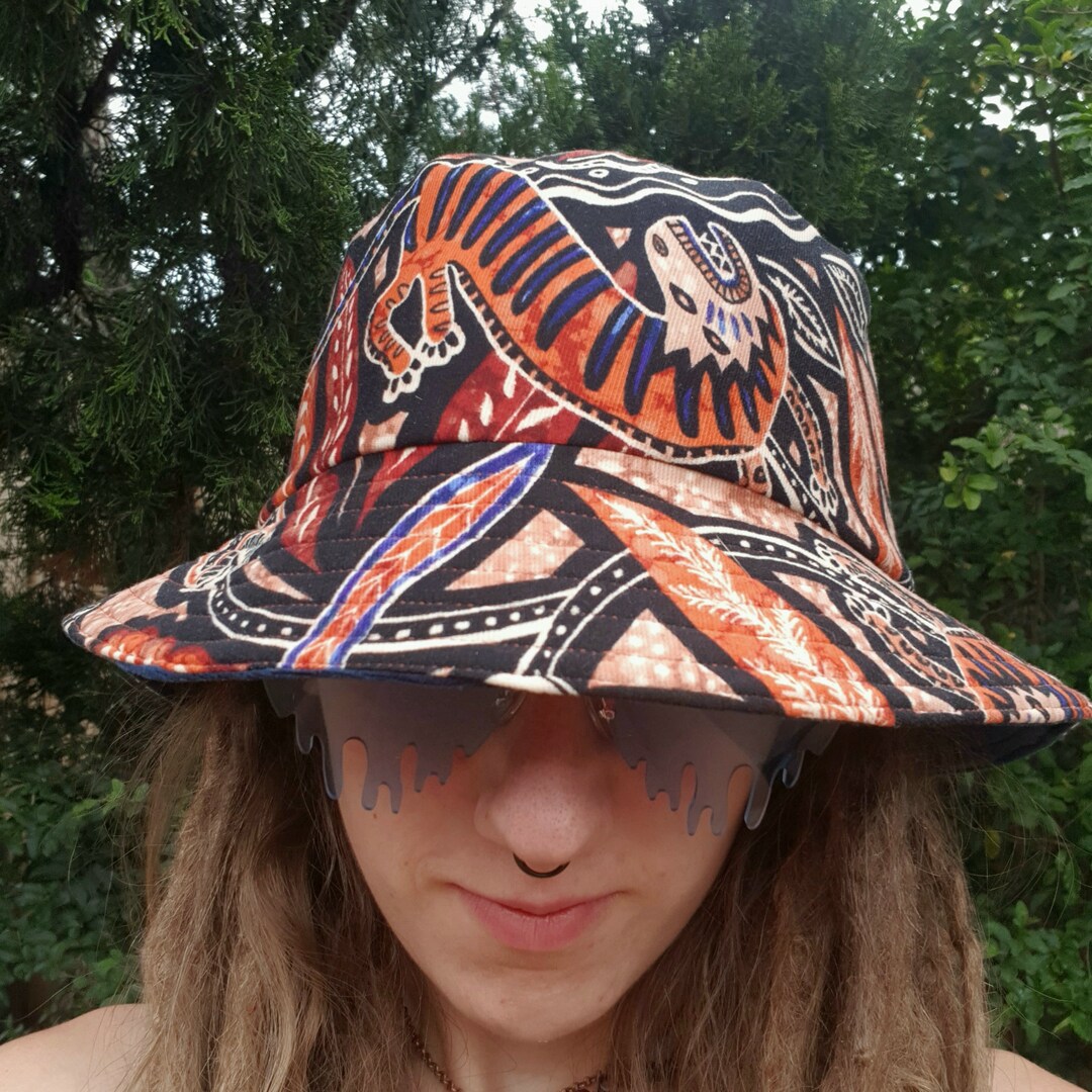Reversible Dusty Blue Velvet Bucket Hat, Trippy Ethnic Batik Style ...