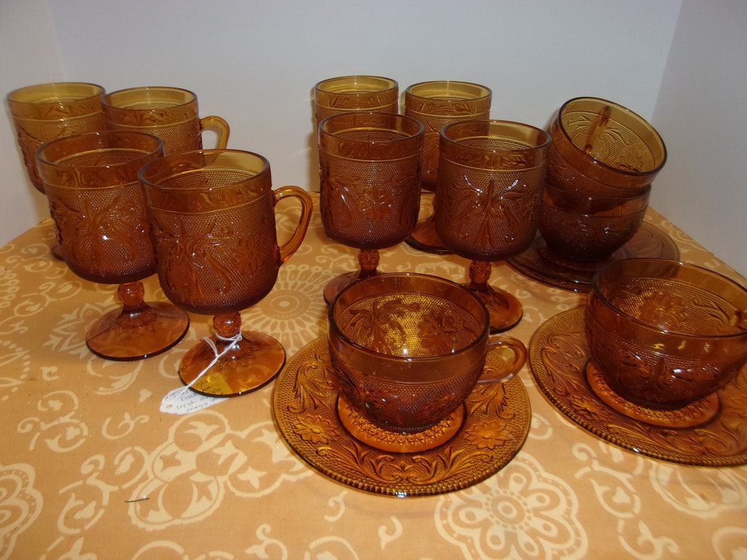Vintage Tiara Sandwich Glass Amber Tea Cups and Saucers, Irish Coffee ...