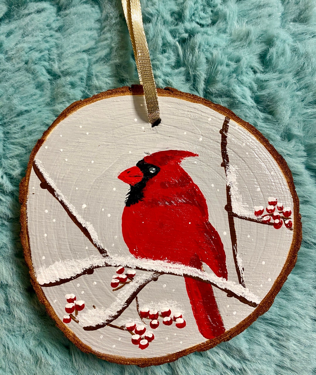 Snowy, Red Cardinal, Wood Slice Ornament, Hand Painted, Christmas ...