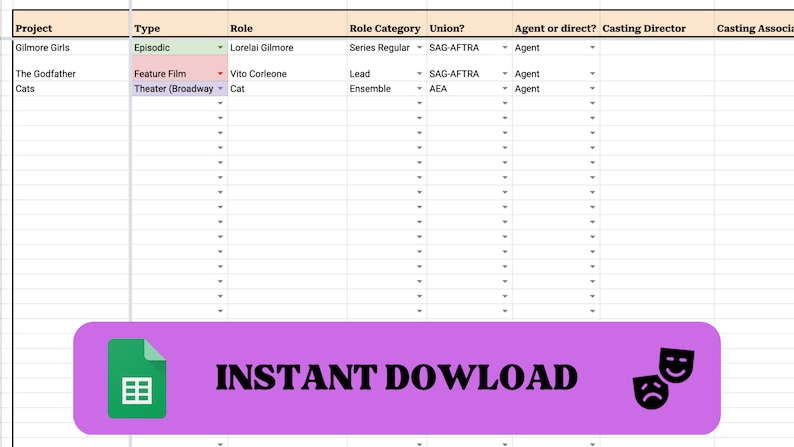 Actor Audition Log / Tracker | Google Sheet | Instant Download - Etsy