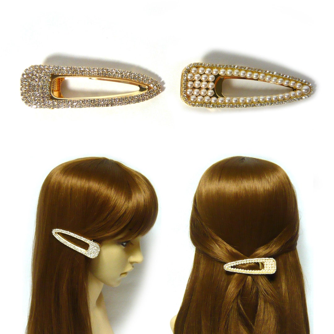 Large Gold Metal Hair Clip Clamp Pin Ivory Faux Pearl or Silver Crystal ...