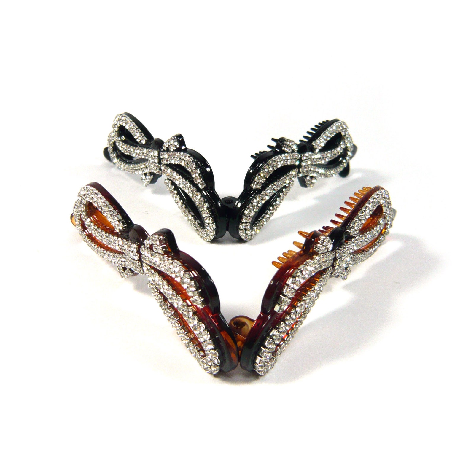 Silver Crystal Rhinestone Bow Brown Black Plastic Teeth Hair | Etsy