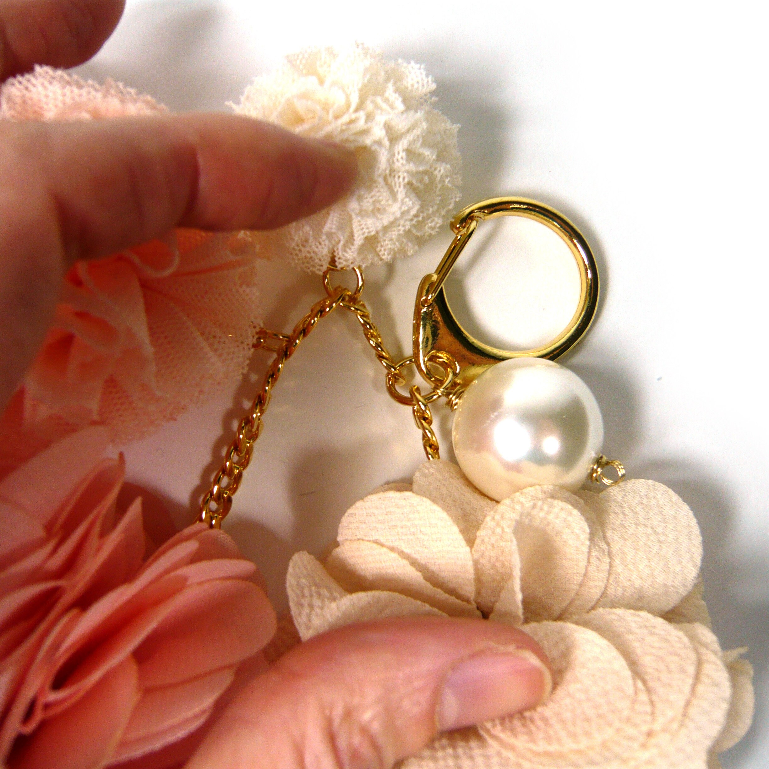Dangle Rich Fabric Flower Floral Pearl Key Ring Chain Holder | Etsy