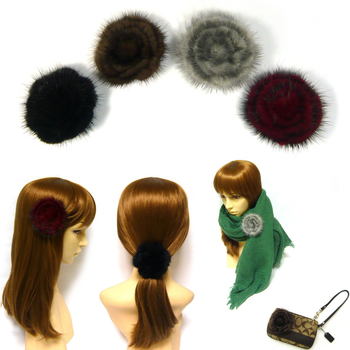 Big Red Brown Gray Black Fluffy Real Mink Fur Rose Flower Hair Clip ...