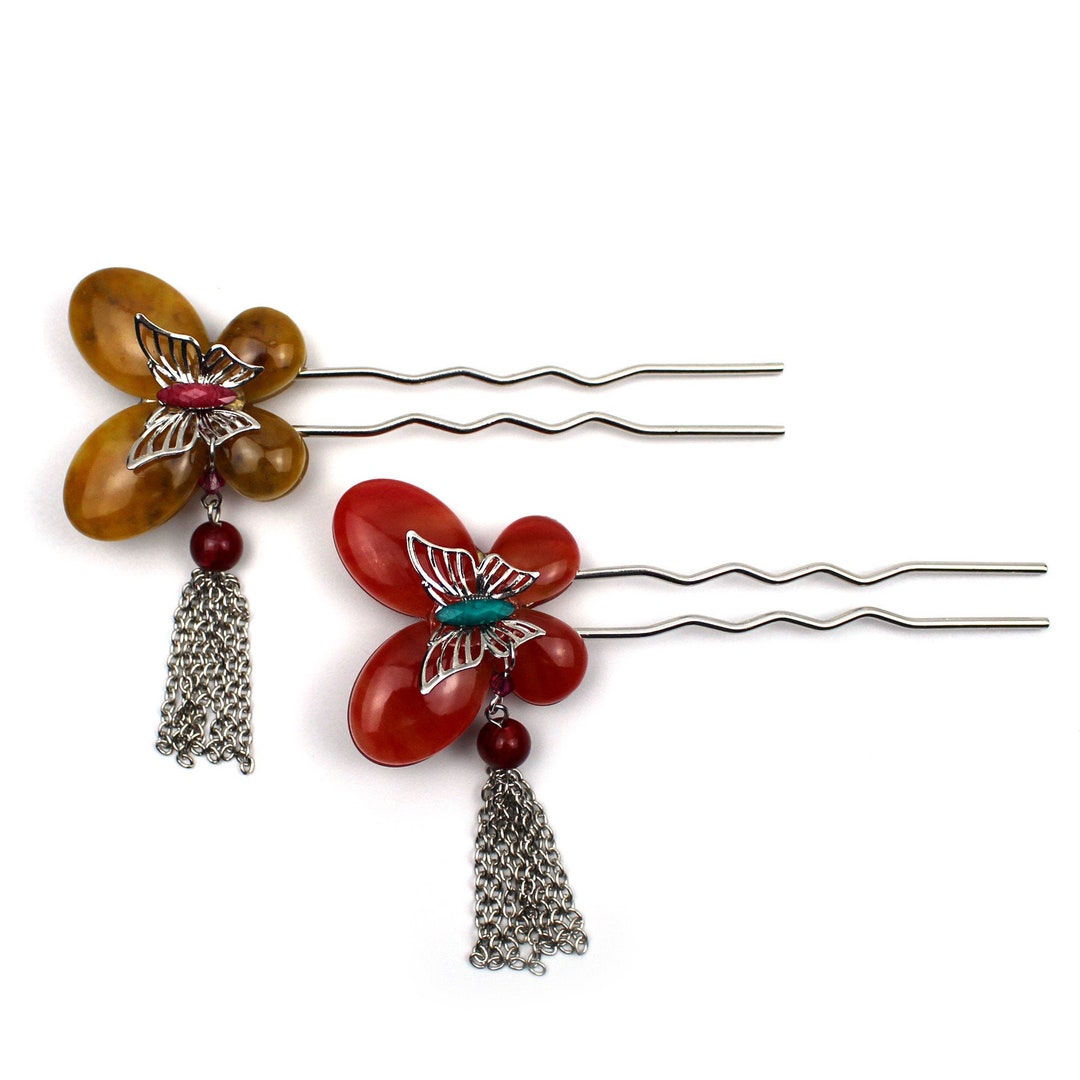 Oriental Style Faux Jade Butterfly Hair Sticks Moth Metal Hair Forks ...