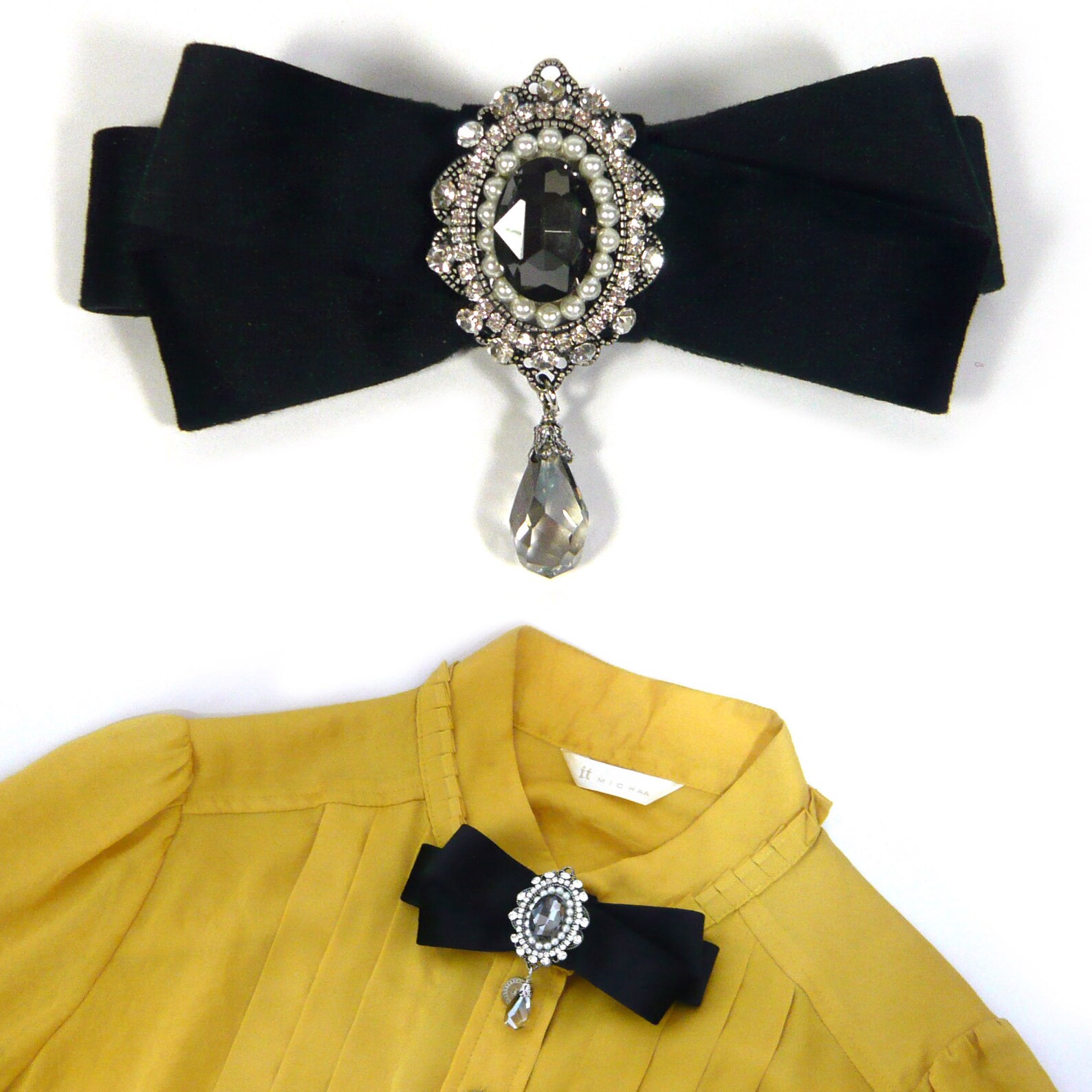 Dangle Crystal Pendant Decor Black Fabric Ribbon Bow Brooch - Etsy