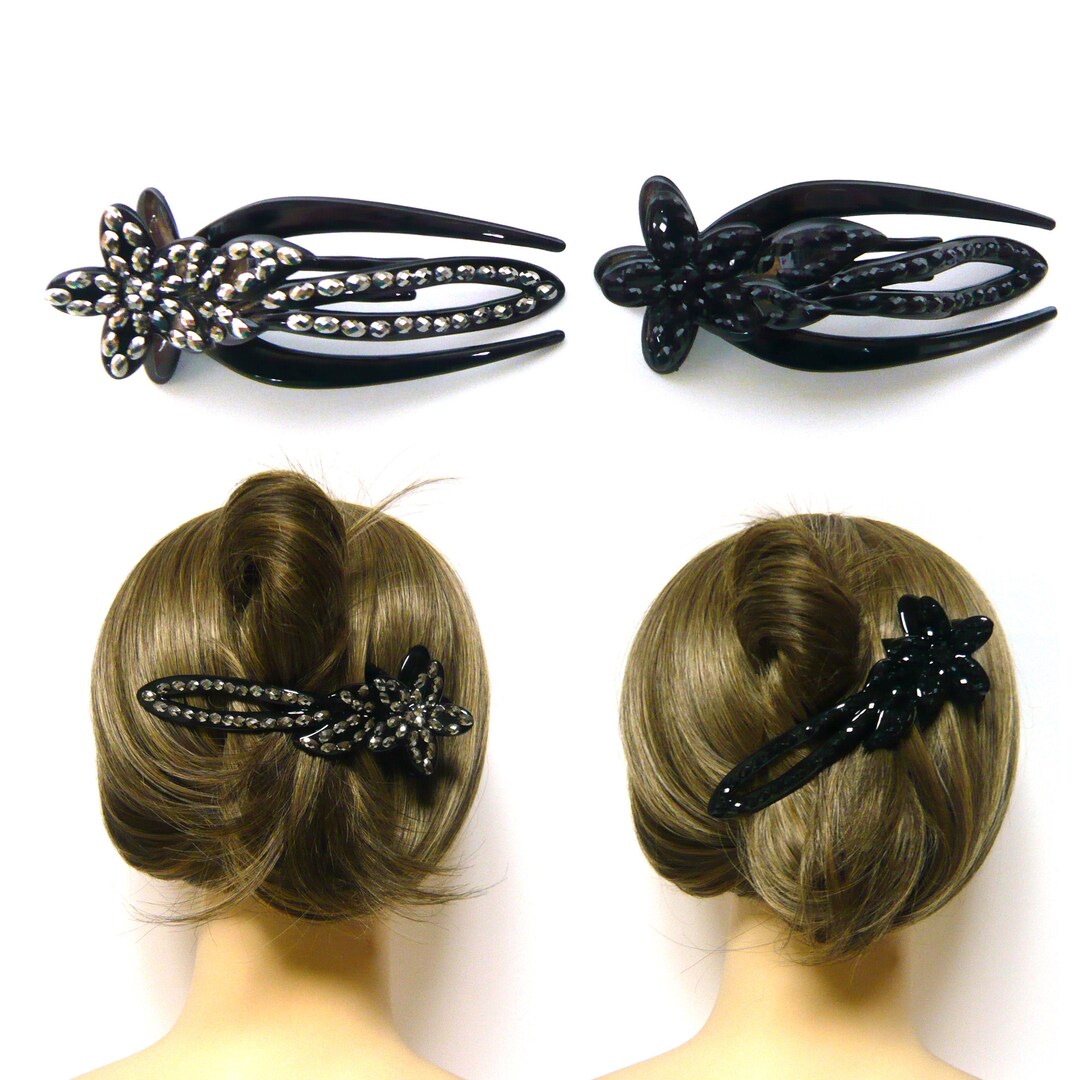Big Large Plastic Floral Hair Clip Gray Black Acrylic Crystal Stone ...