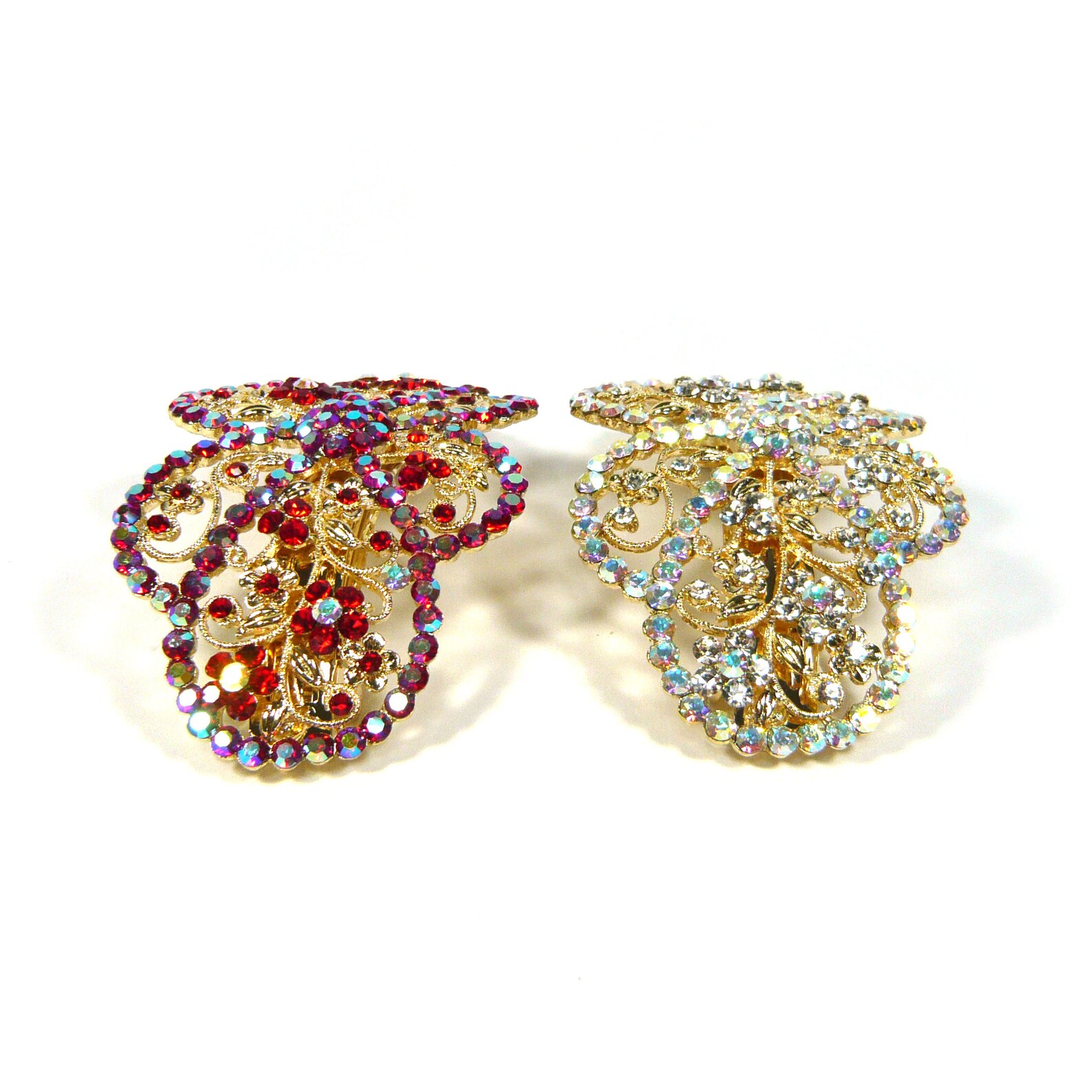 Silver Red Crystal Rhinestone Floral Flower Large Gold Metal - Etsy