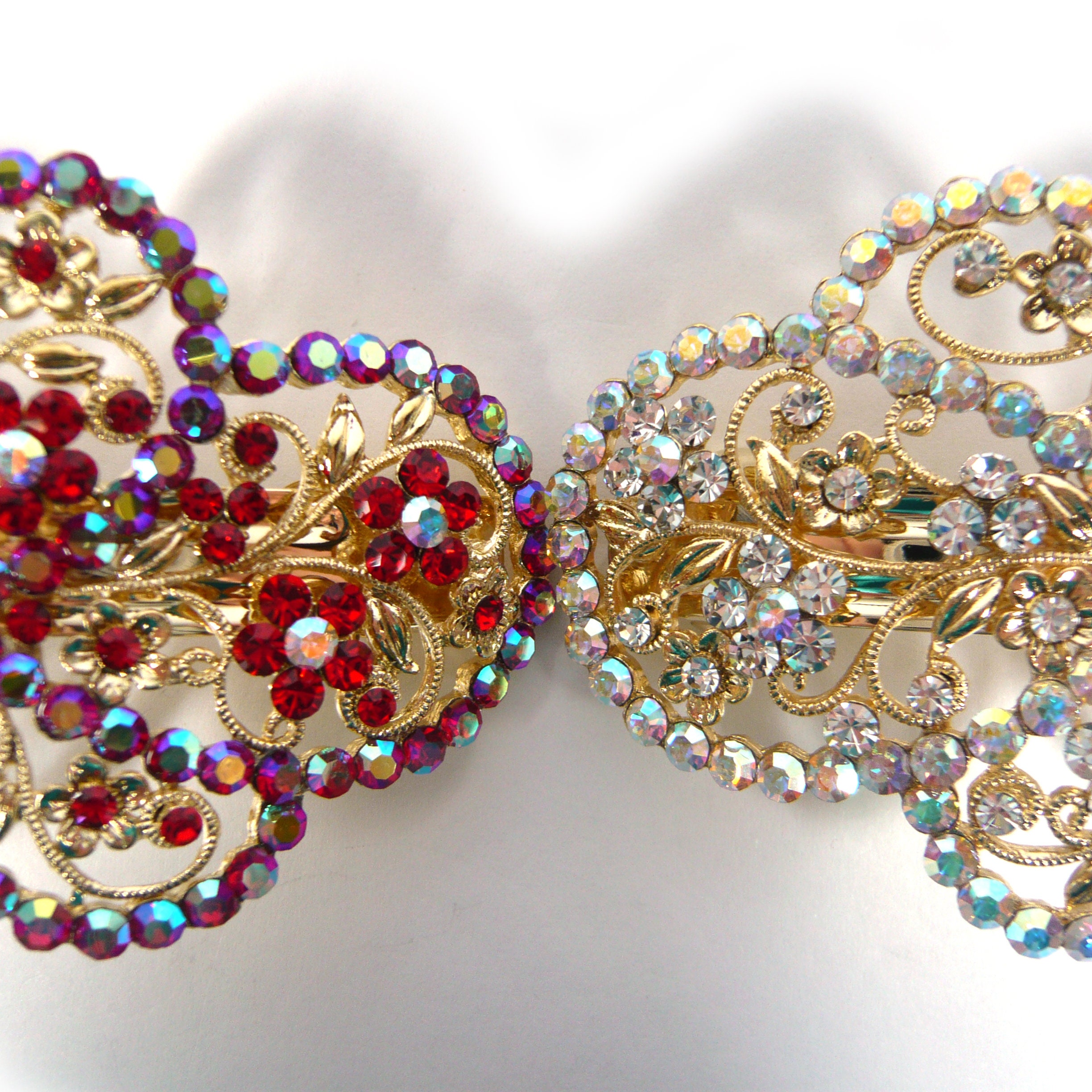 Silver Red Crystal Rhinestone Floral Flower Large Gold Metal | Etsy