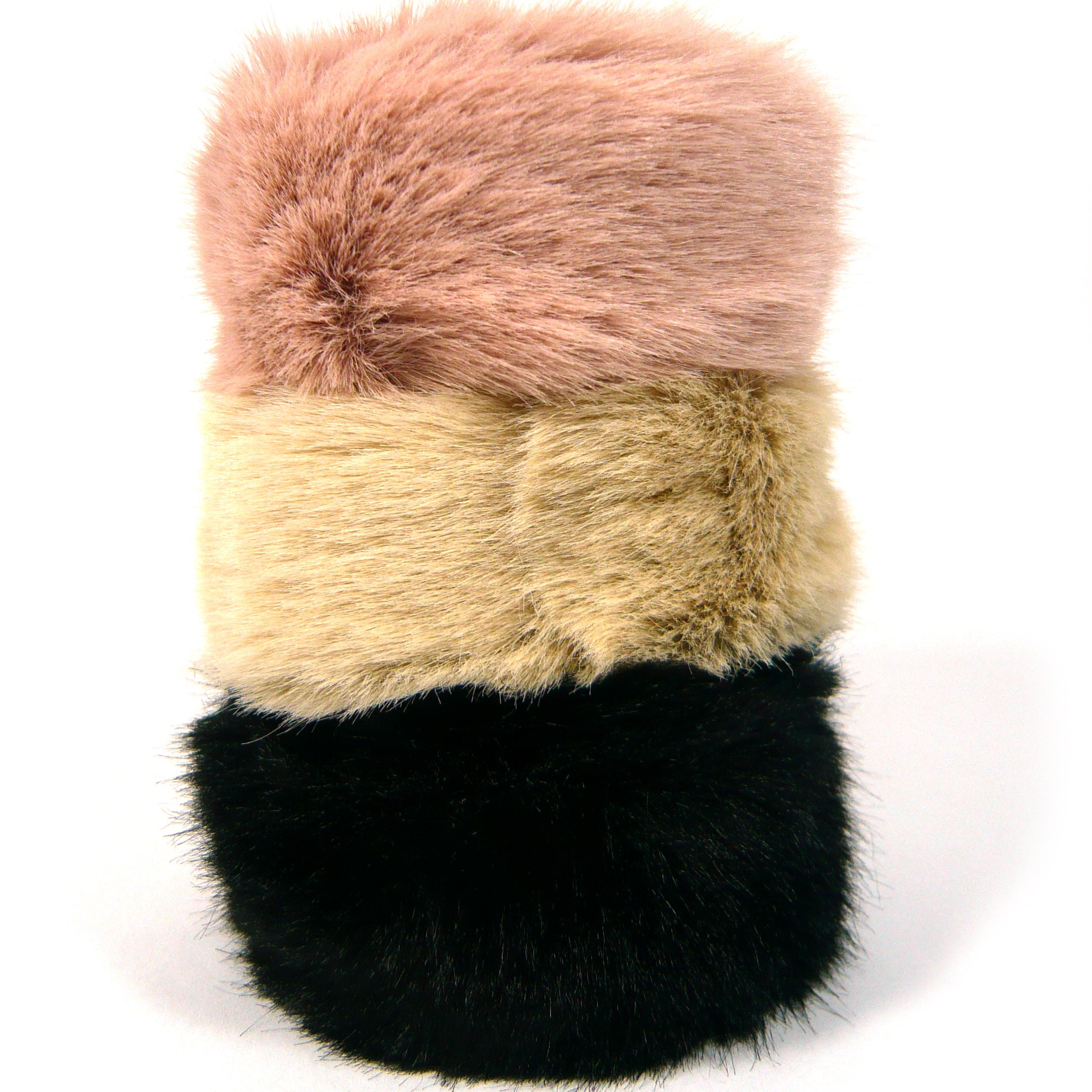 Soft Large Beige Pink Black Faux Rabbit Fur Furry Roll Ponytail Holder ...