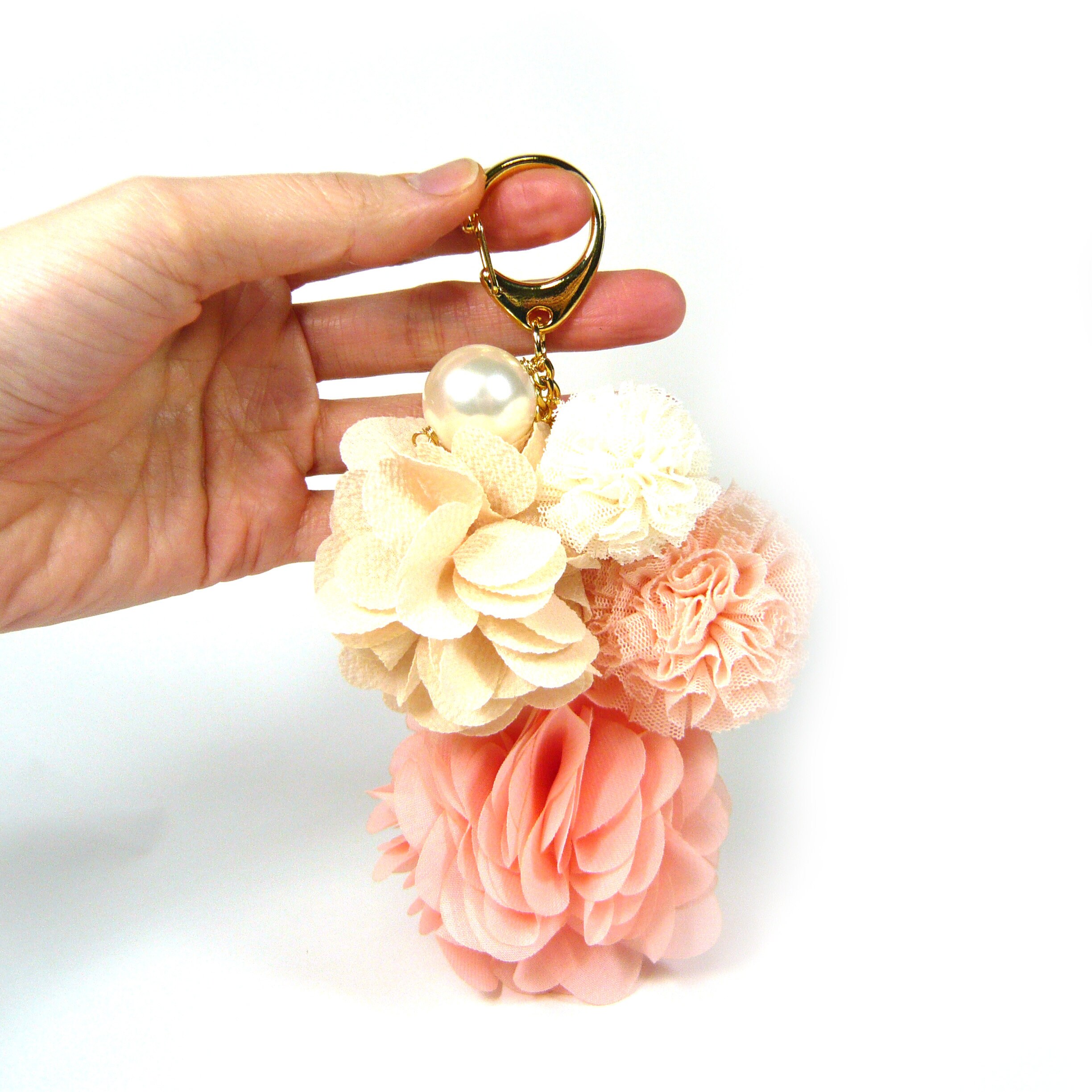 Dangle Rich Fabric Flower Floral Pearl Key Ring Chain Holder | Etsy