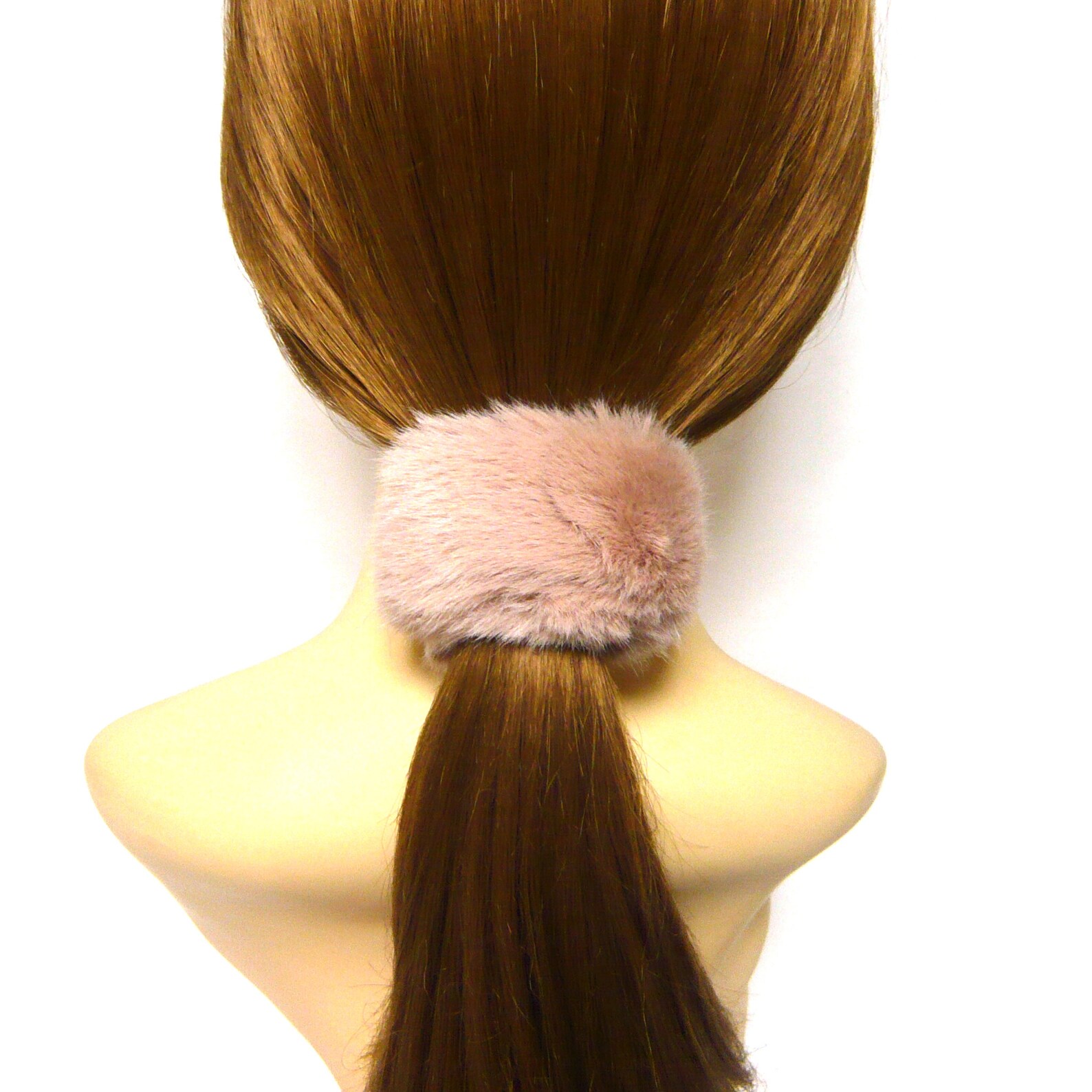 Soft Large Beige Pink Black Faux Rabbit Fur Furry Roll Ponytail Holder ...