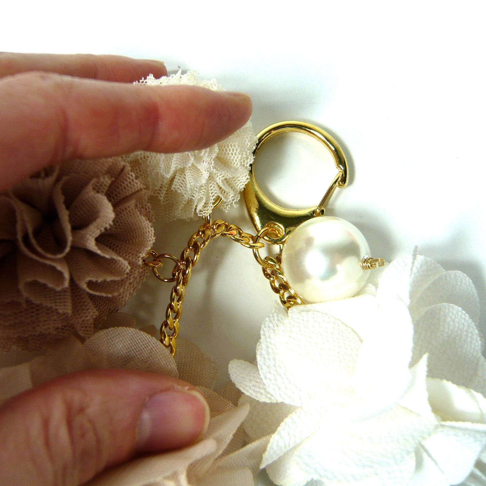 Dangle Rich Fabric Flower Floral Pearl Key Ring Chain Holder | Etsy